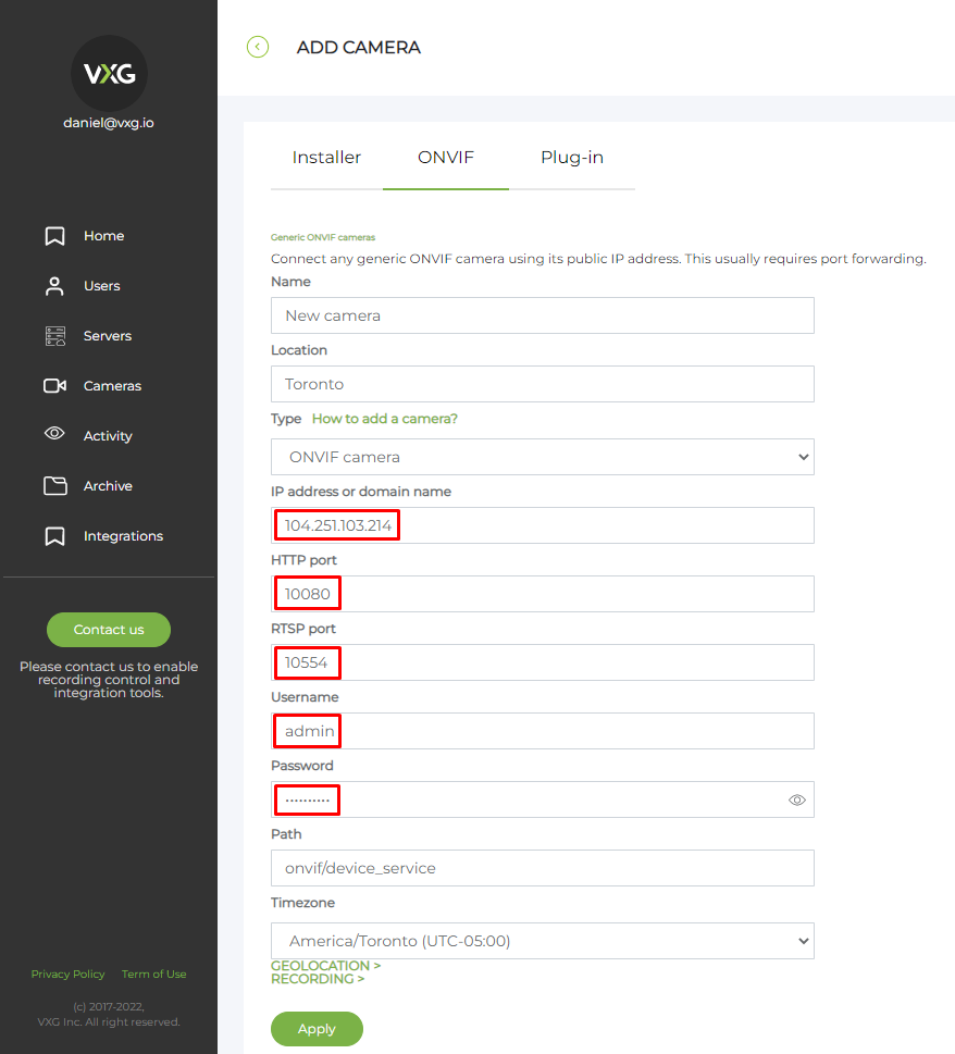 Hikvision: connecting through ONVIF